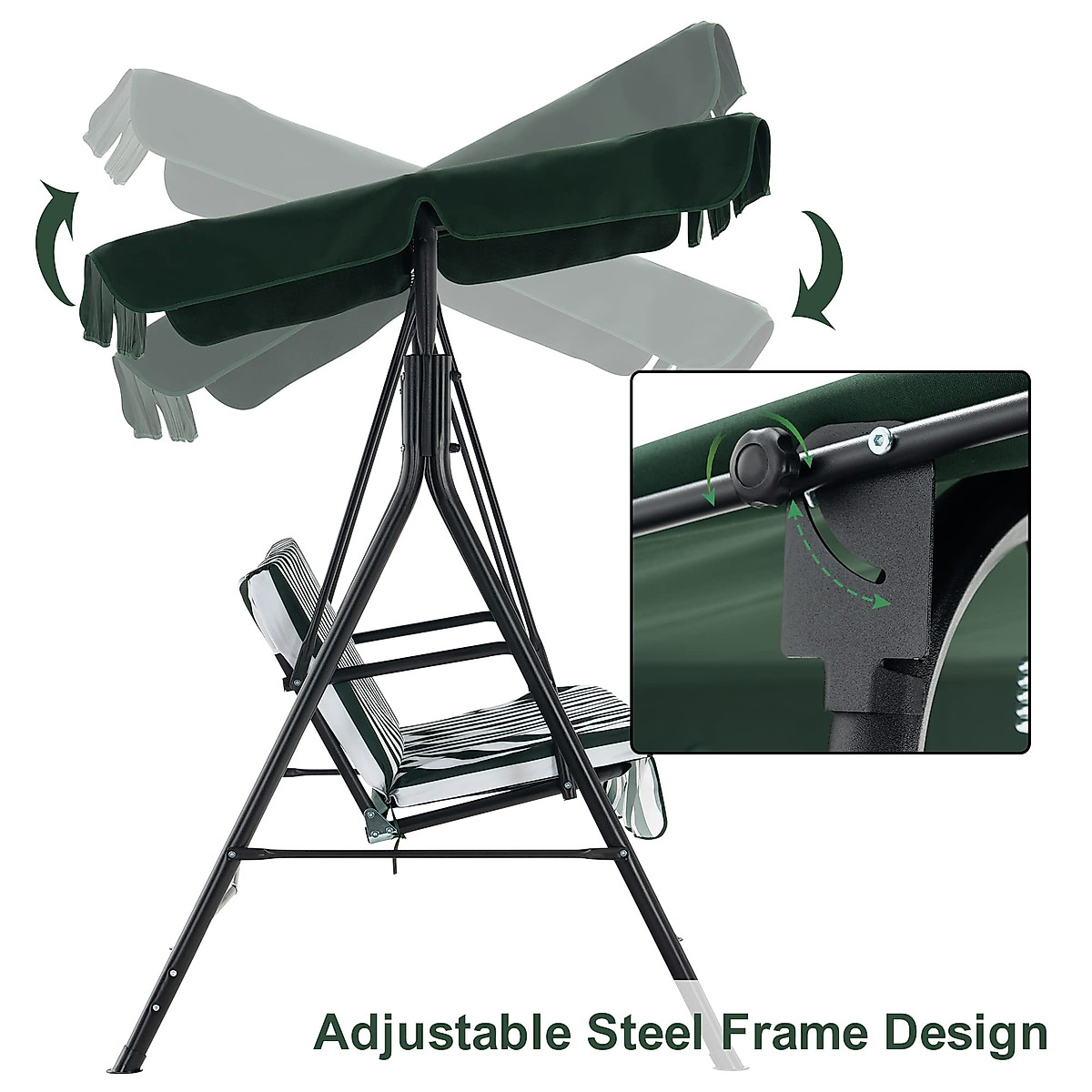 MCombo 2-3 Person Patio Swings with Canopy, Outdoor Porch Swing Chair with Steel Stand, Removable Cushions, for Backyard Garden Balcony 4008 (Green with White Stripes)