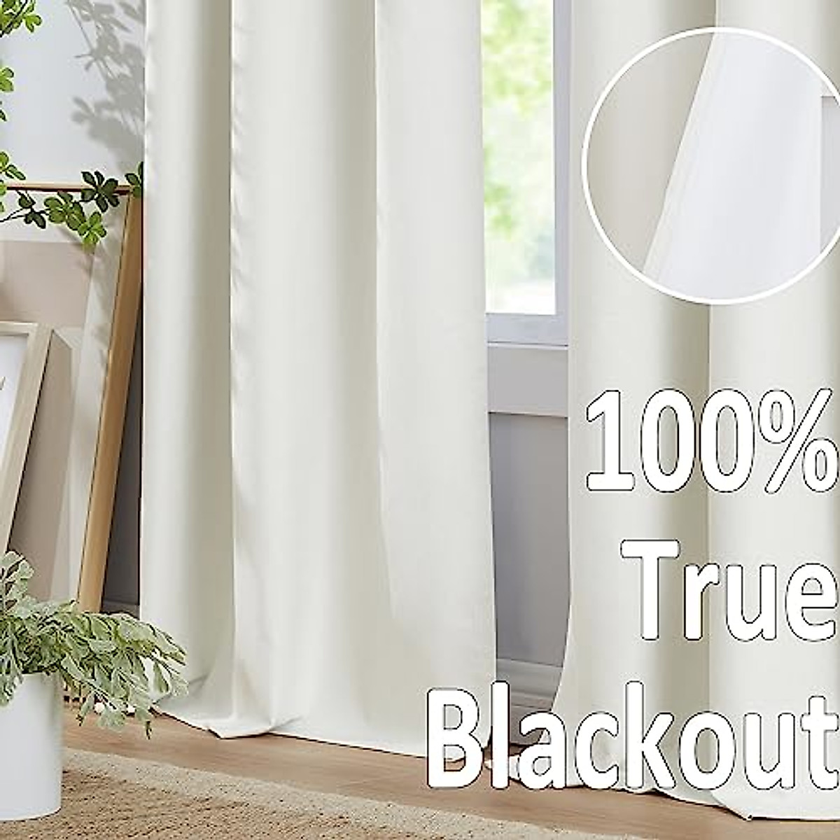 White Full Blackout Curtains for Living-Room with White Coating, Linen Textured Thermal Insulated Window Treatment Set for Bedroom Guest Room Hotel Energy Saving Curtain Panels Grommet Top 40"x84" 2pk