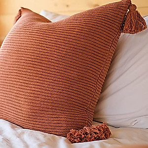 Lumi Living 100% Soft Cotton Raised Stripes Textured Rib Knit Throw Pillow Cover with Tassels (20x20, Rust)
