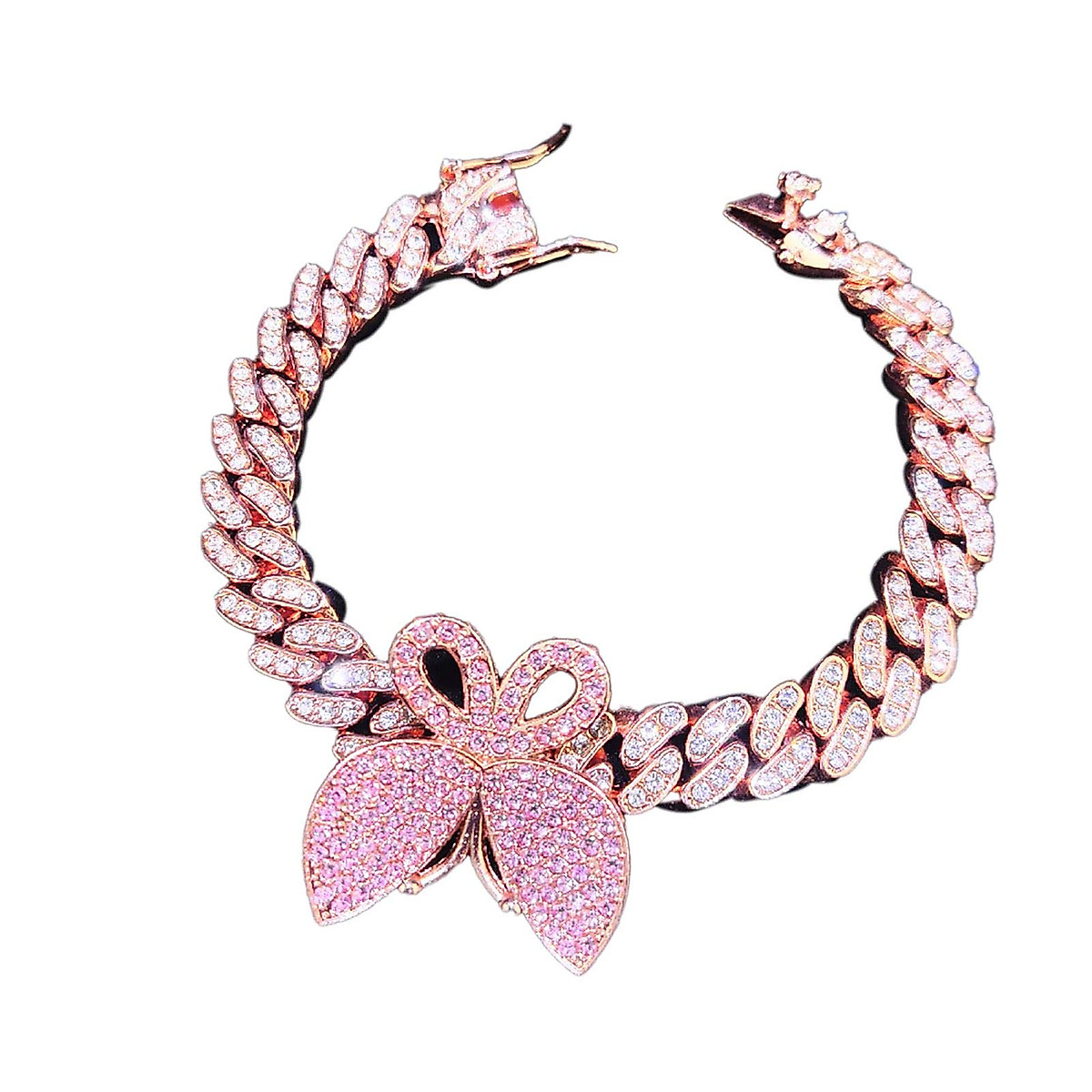 Butterfly Cuban Bracelet Cuban Link Bracelets Pave Iced Out Crystal Bling Butterfly Bracelets Gold Silver Color CZ Butterfly Bracelet Bangle for Women Hip Hop Rapper Jewelry-rose