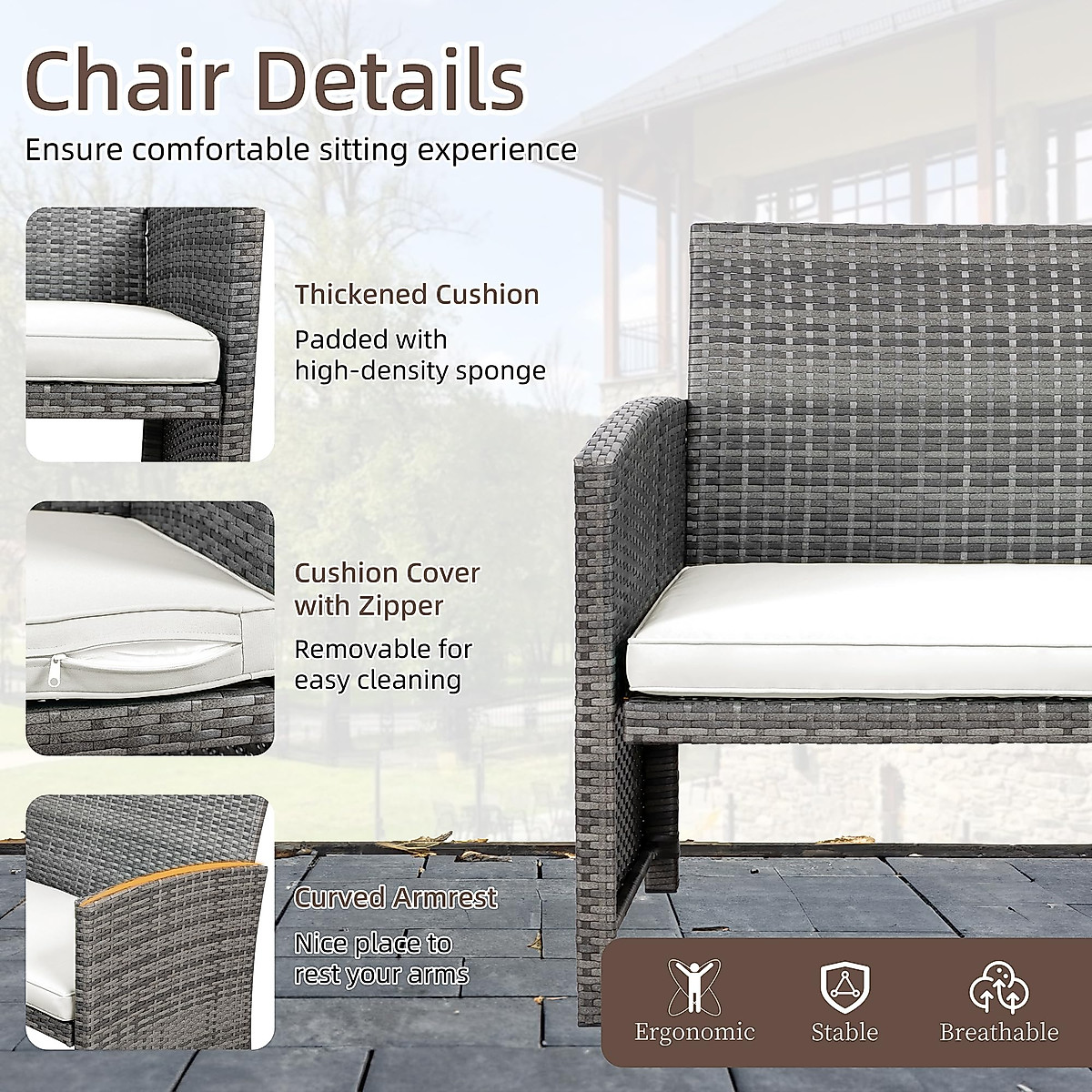 Shintenchi 4-Piece Patio Furniture Set, Outdoor Wicker Patio Conversation Furniture Set with Cushions and Tempered Glass Tabletop for Lawn Backyard Pool Garden,Beige