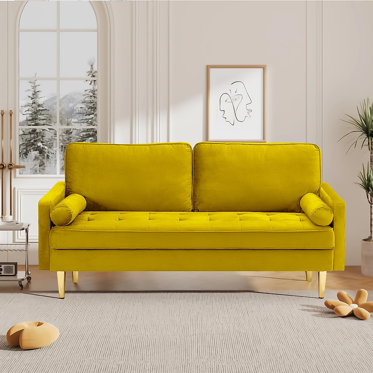 SZLIZCCC 67" LoveSeat Sofa, Love Seat Couch, Mid Century Modern Couchs Velvet Fabric Pull Dot Design Sofas with Two Round Pillows for Small Spaces, Living Room, Dorm, Bedroom, Apartment (67 Yellow)
