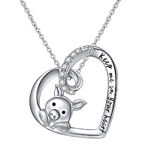 FLYOW 925 Sterling Silver Cubic Zirconia Engraved Keep Me in Your Heart Cute Pig Heart Pendant Necklace for Women Birthday Graduation Gifts