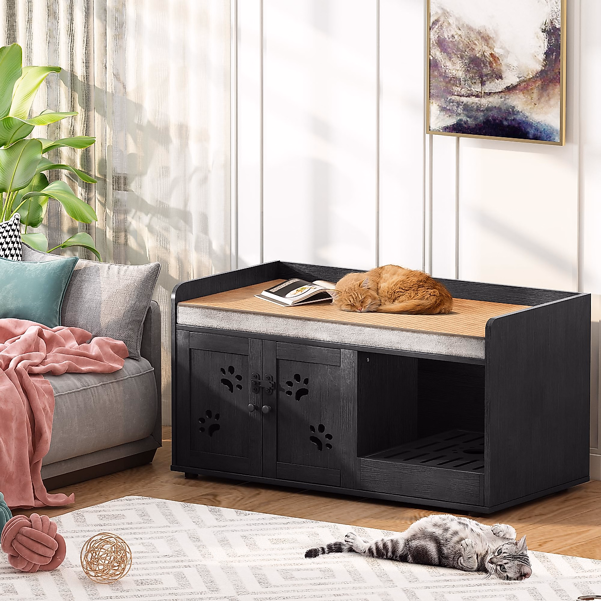 Recaceik Cat Litter Box Enclosure with Mat, Hidden Cat Washroom Furniture with Litter Catcher Box, Wooden Cat House with Door Indoor Cat Cabinet Fit Most Litter Box