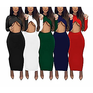 Women's Sexy Long Sleeve Cross Wrap Cut Out Bodycon Mixi Party Club Dress Dark Green