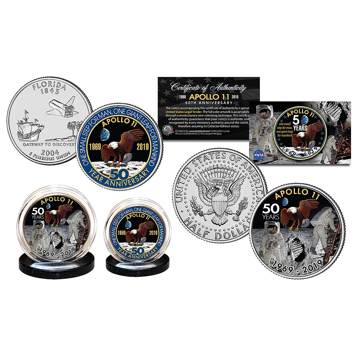 Apollo 11 50th Anniversary Man on Moon 2-Coin Set FL. Quarter & JFK Half Dollar