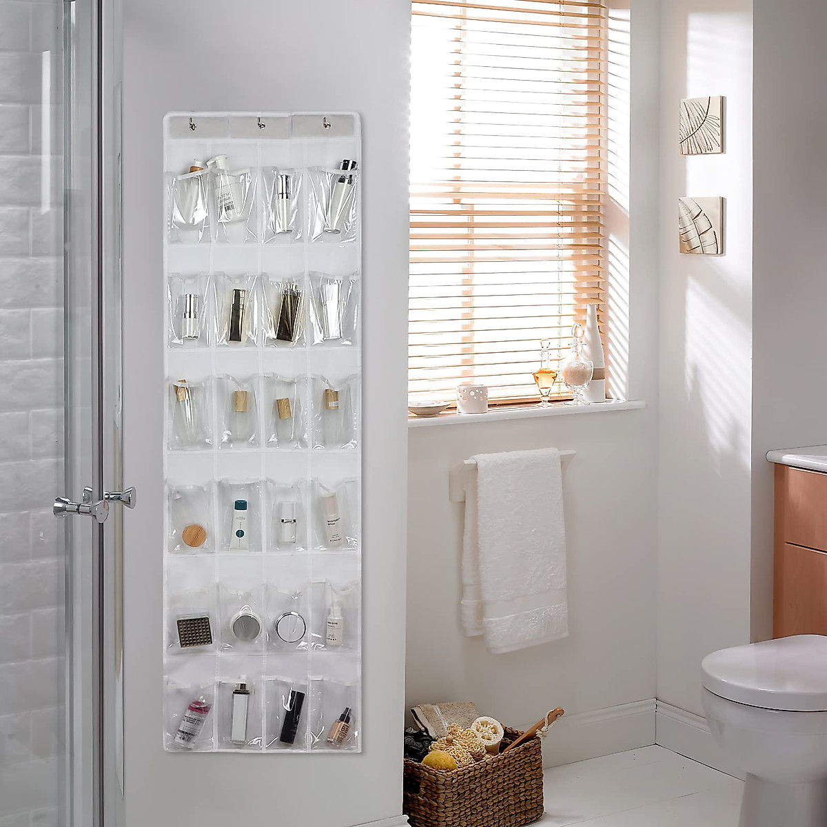 Over The Cabinet Door Organizer with 24 Clear Pockets, 60x18 inch Behind The Pantry Door Storage Organizer, Back of Bathroom Door Storage Organizer, White