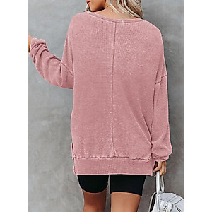 Dokotoo Womens Waffle Knit Oversized Crewneck Sweatshirt for Women Trendy Side Split Long Sleeve Pullover High Low Slouchy Fit Casual Cute Sweatshirts Tops Fall Outfits Clothes 2024 Pink Medium