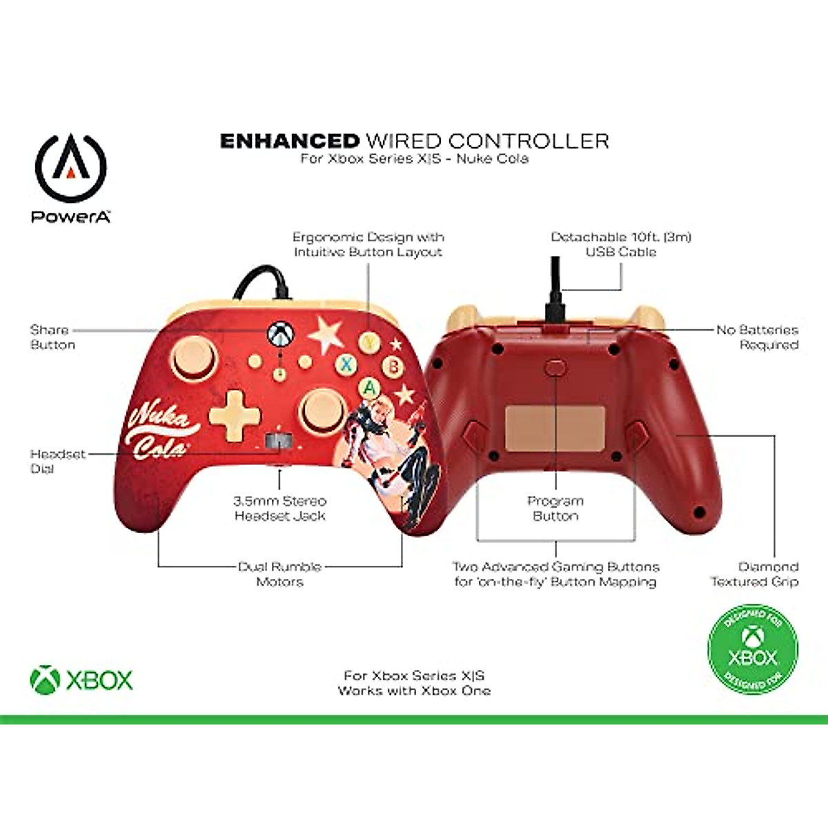 PowerA Enhanced Wired Controller for Xbox Series X|S - Fallout: Nuka Cola, Detachable 10ft USB-C Cable, Mappable Buttons and Rumble Motors, Officially Licensed for Xbox