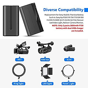 Neewer NP-F750 2-Pack 5600mAh Li-ion Replacement Battery with USB Charger, Compatible with Sony NP-F550 570 750 770 930 950 FM55H FM500H QM71 QM91 QM71D LED Light, Monitor, Motorized Slider