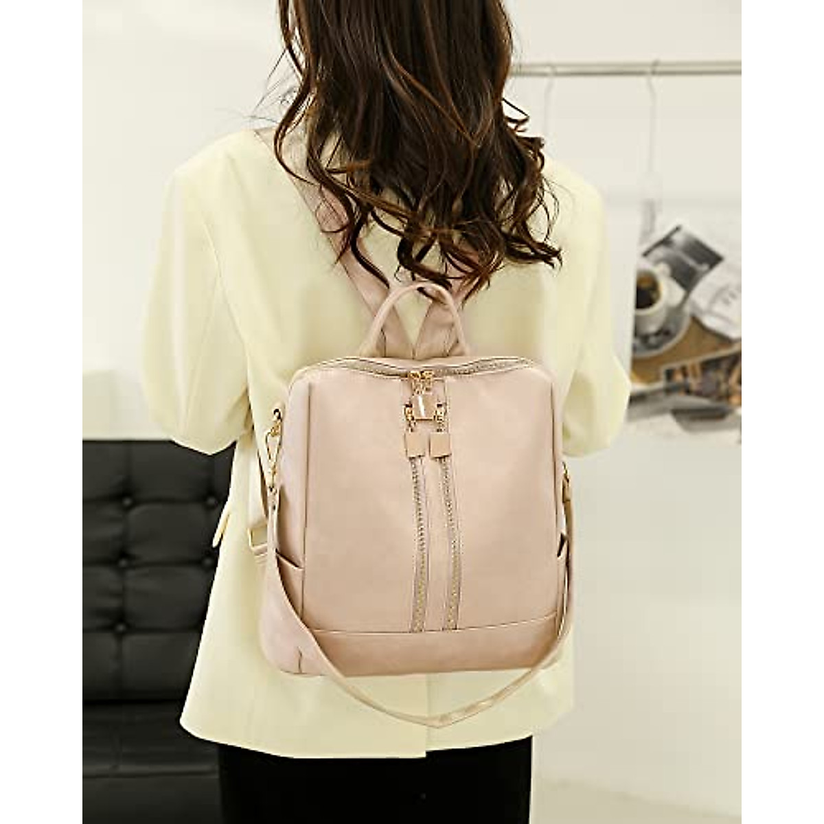 Women Fashion Backpack Purse,Leather Multipurpose Design Rucksack,Convertible Shoulder Bag Handbag with Wristlet (Beige1)