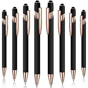 8 Pieces Ballpoint Pen with Stylus Tip Black Ink 2 in 1 Stylus Metal 1.0 mm Medium Point Smooth Pen Rainbow Colorful Rubberized Ballpoint Pen for Touch Screen Tablet (Rose Gold, Black)