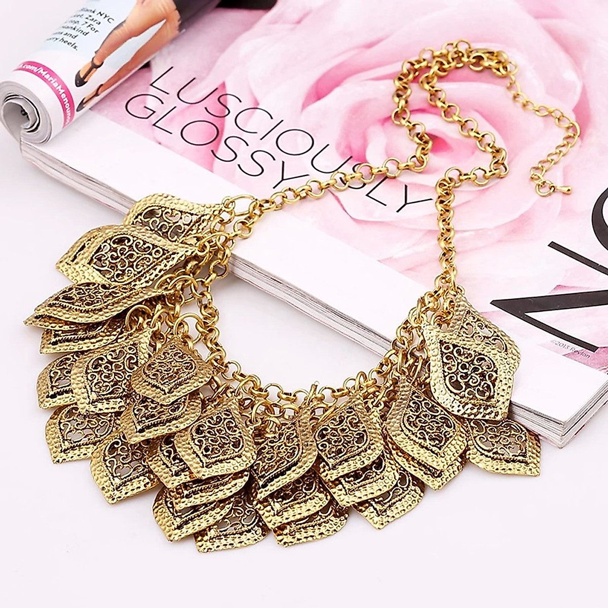 YAZILIND Vintage Gorgeous Multilayer Gold Plated Leaves Chain Collar Bib Chunky Necklace
