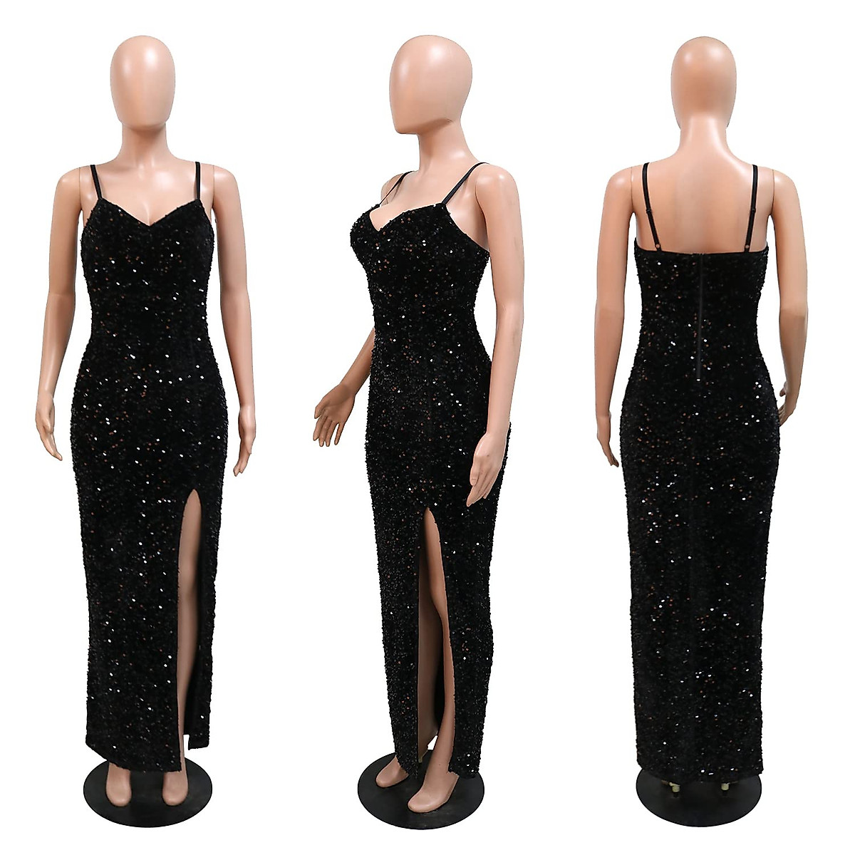 Ranfare Women's Sexy V Neck Bodycon Sequin Gown Evening Dress with Slit (Black-3-L)
