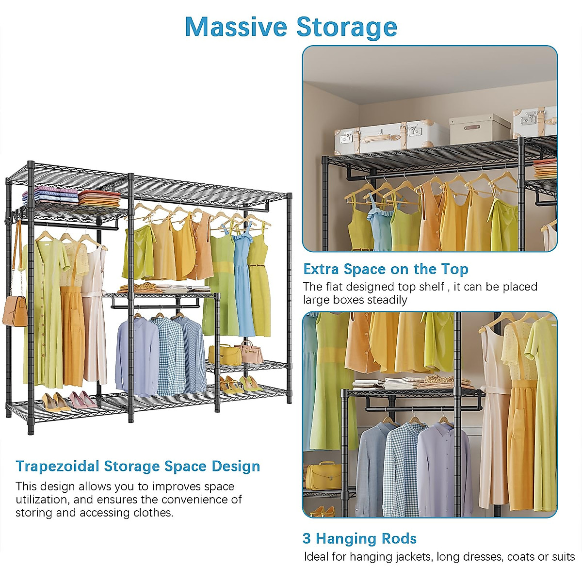 VIPEK V3 Clothes Rack, Heavy Duty Garment Rack with Adjustable Shelves & Hang Rods & Side Hooks, Portable Closet Systems Freestanding Metal Clothing Rack for Hanging Clothes, Max Load 950lbs, Black