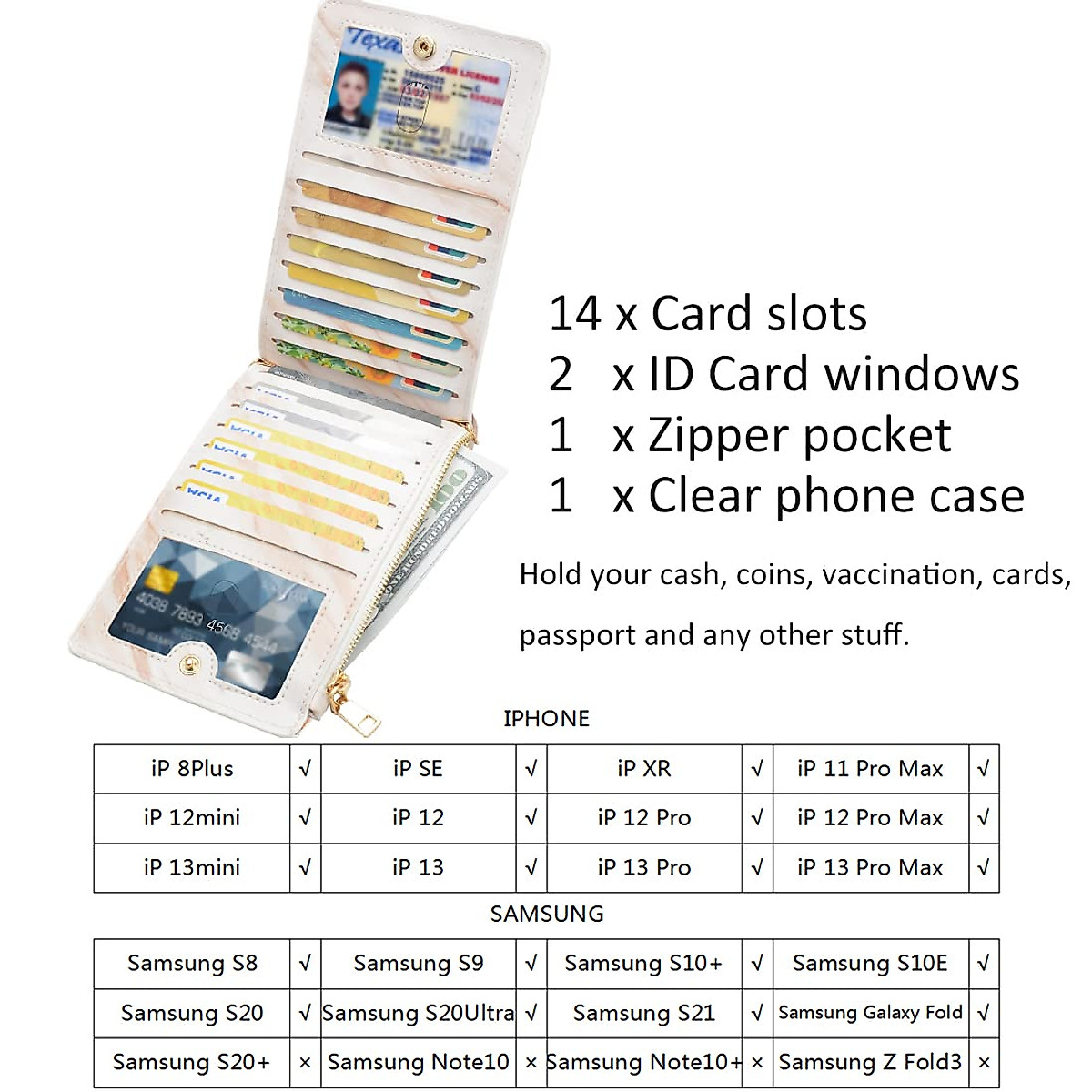 SNUG STAR Multi-purpose Card Holder Wallet-RFID Blocking,Lightweight Zipper Pocket Crossbody Bag with Touch Screen Purse for Most iphone Cell phones (Marble white)