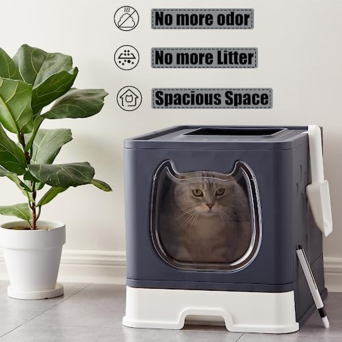 Foldable Cat Litter Box with Lid, Covered Kitten Litter Box with Kitty Litter Scoop and 2 in 1 Brush, Easy to Clean Litter Pan, Enclosed Cats Litter Box