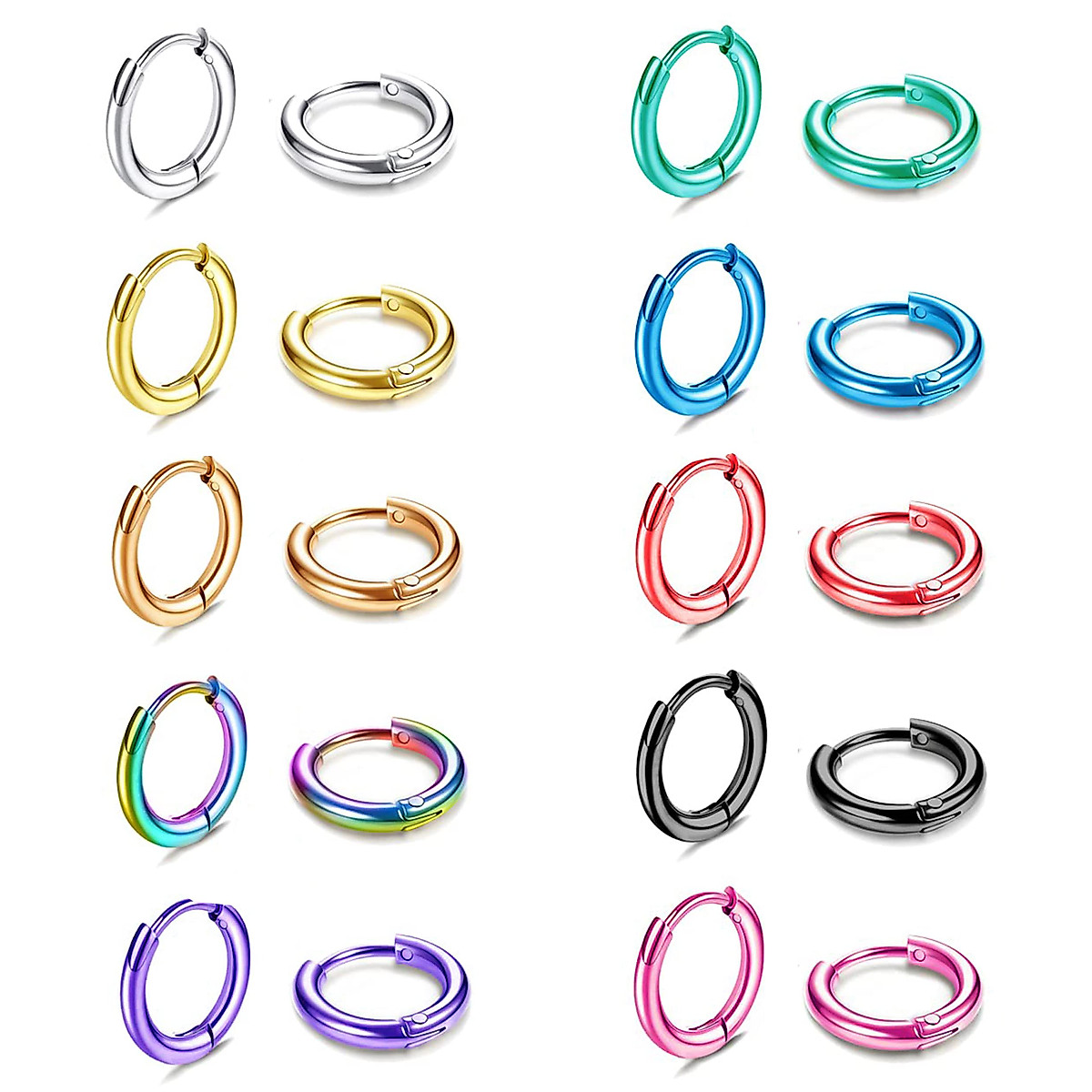 EIELO 10 Pairs Stainless Steel Small Hoop Earrings for Men Women Huggie Earrings Cool Mens Earrings Set Multicolor Huggie Hoop Earrings Piercing Cartilage Helix Lobes Sleeper Hoop Earrings Set 2mm