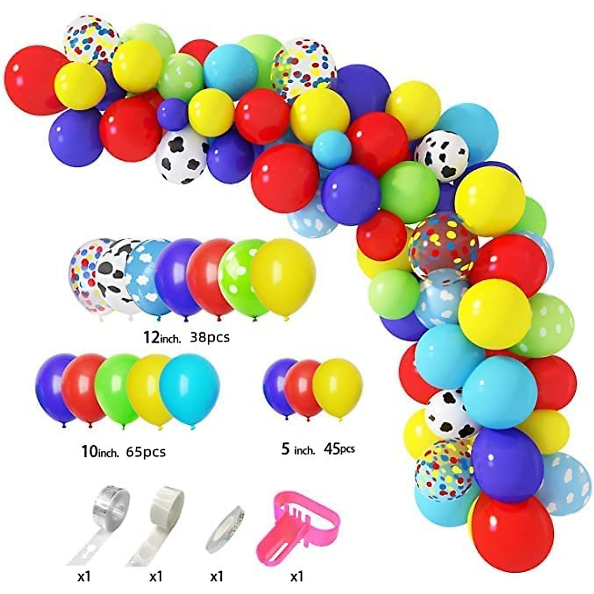 Amandir 152Pcs Toy Inspired Story Balloons Arch Garland Kit, Cow Pattern Cloud Yellow Red Blue Green Confetti Latex Balloons for Kids Toy Inspired Story Theme Birthday Party Supplies Decorations