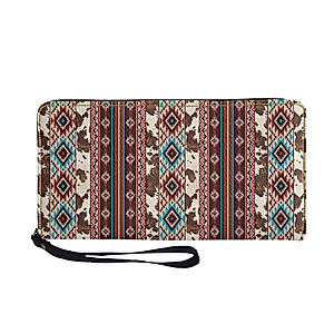 Wanyint Navajo Wrist Strap Wallet for Women Girls Native American Handbag Men's Long Clutch Cell Phone Case Boho Southwestern Aztec Tribal Stripe Ethnic Geometric Green Red Zipper Card Holder