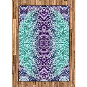Ambesonne Purple and Turquoise Area Rug, Hippie Ombre Mandala Inner Peace and Meditation with Ornamental Art, Flat Woven Accent Rug for Living Room Bedroom Dining Room, 4' X 5.7', Purple Aqua