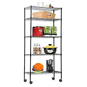 BMS 5-Tier Wire Shelving Unit Steel Large Metal Shelf Organizer Garage Storage Shelves Heavy Duty NSF Height Adjustable Commercial Grade Utility Storage Metal Rack on Wheels 14”D x 30”W x 60”H,Black
