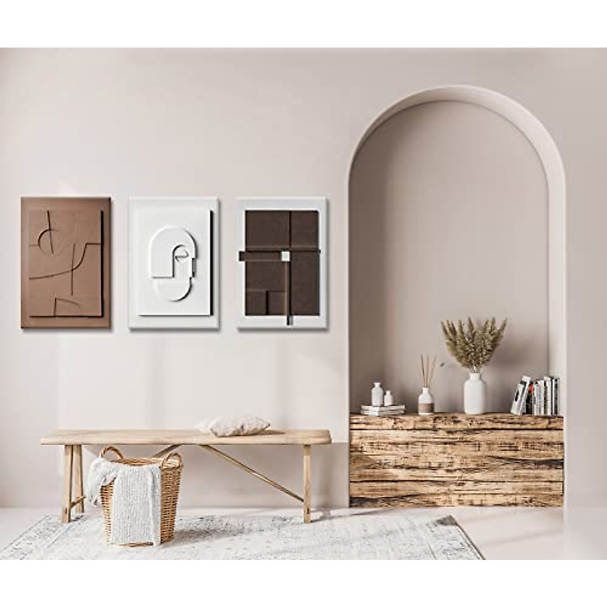 3 Pieces Brown White Geometric Abstract Minimalist Wall Art Canvas Nordic Home Decor Luxury Modern Simple Line Art Canvas Print Picture Bedroom Office Living Room Framed Size: 16 "24" 3