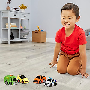 Little Tikes My First Cars Crazy Fast Cars 4-Pack Series 5 – Garbage Truck (Recycle), Race Car (Yellow), Muscle Car (Orange), Police Car (International), Pullback Toy Car Vehicles