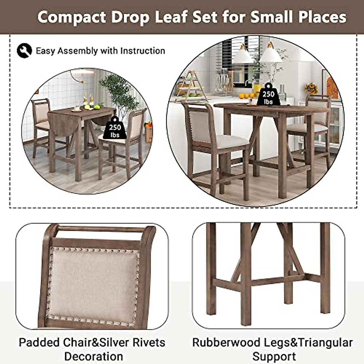 P PURLOVE 3 Piece Oval Round Kitchen Table Set,Counter Height Table Set for 2, Wood Dining Table Set with Drop Leaf Table and 2 Upholstered Dining Chairs for Small Places, Apartment