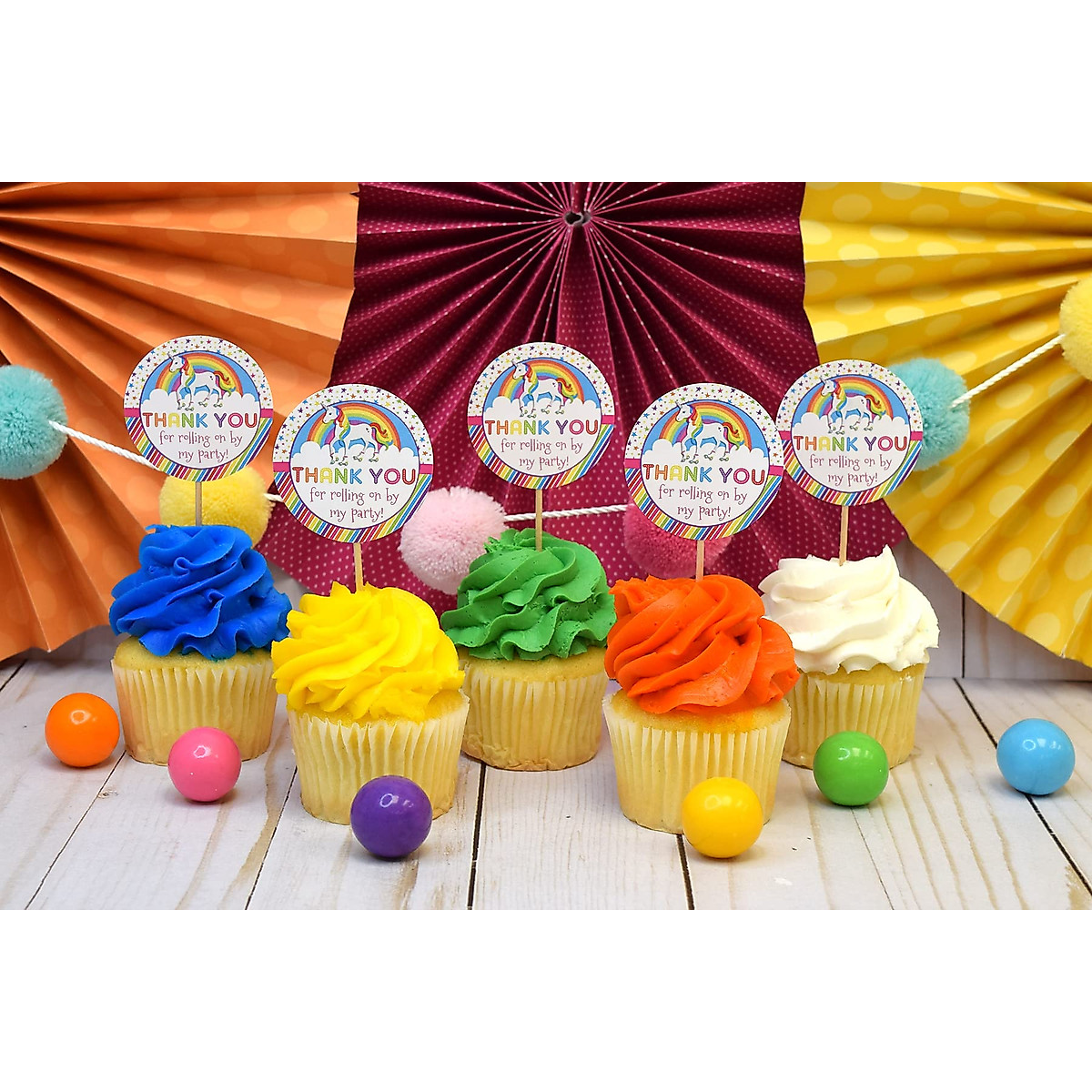 Rainbow Unicorn Roller Skating Themed Thank You Sticker Labels for Kids, 40 2" Party Circle Stickers by AmandaCreation, Great for Party Favors, Envelope Seals & Goodie Bags