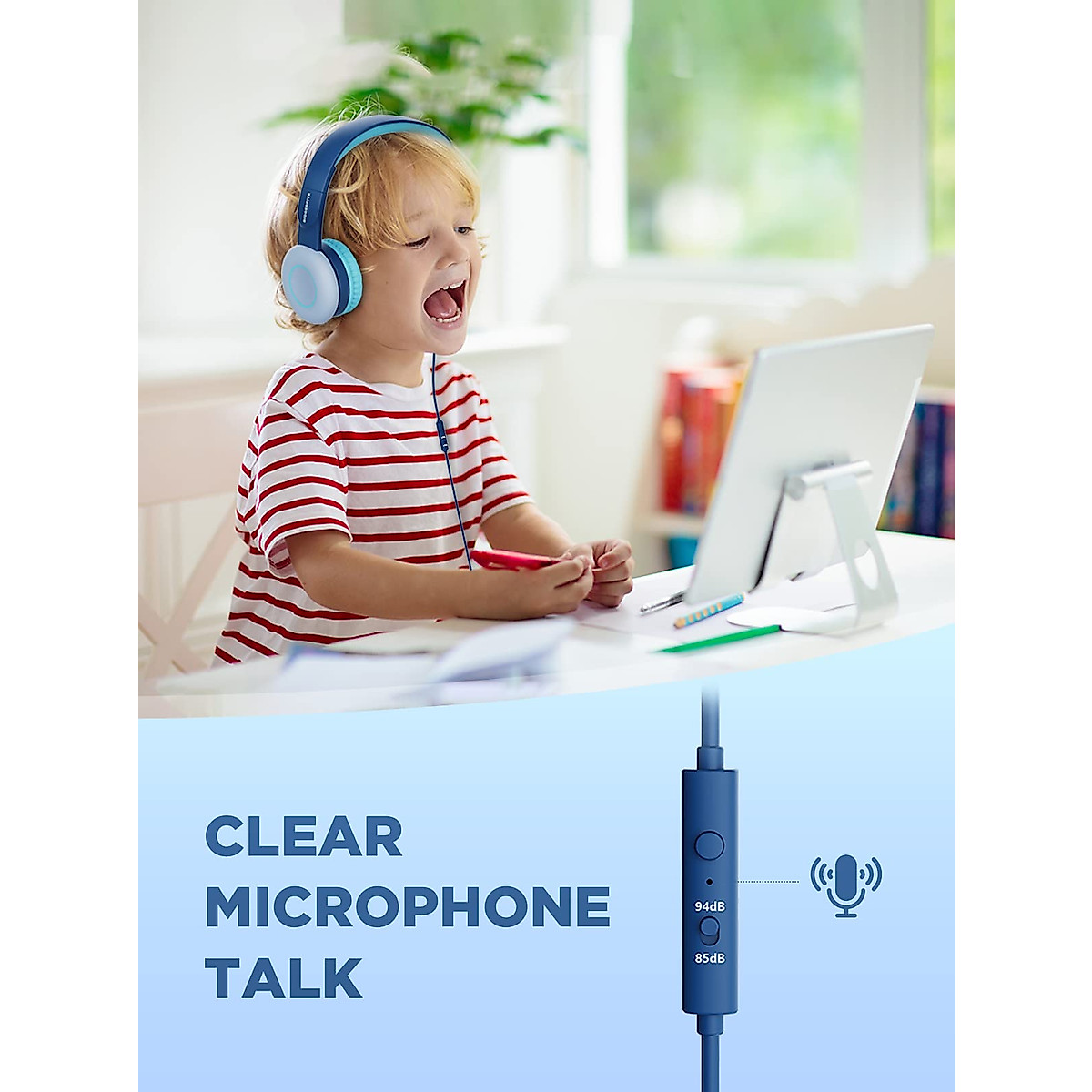 BIGGERFIVE Kids Headphones, Wired Headphones for Kids Boys Girls, 85/94dB Safe Volume Limited, Microphone, Foldable, 3.5mm Jack Stereo Child Teens Headphones for School/Travel/iPad/Tablet, Blue