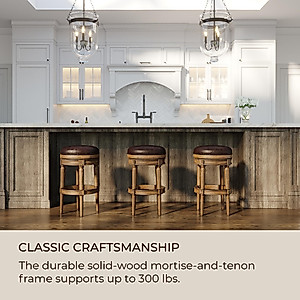 Maven Lane Pullman 31 Inch Tall Bar Height Upholstered Backless Barstool in Walnut Finish with Marksman Saddle Vegan Leather Cushion Seat, Set of 3