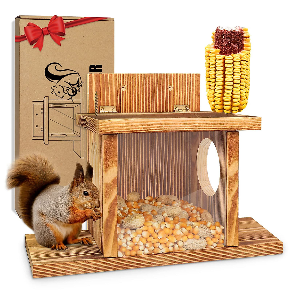 ANSTEEP Carbonized Wood Squirrel Feeder, Squirrel Feeders for Outside Winter, Durable Squrrill House Box Easy to Fill with Removable Front Panel, Wooden Chipmunk Feeder for Corn, Peanuts…