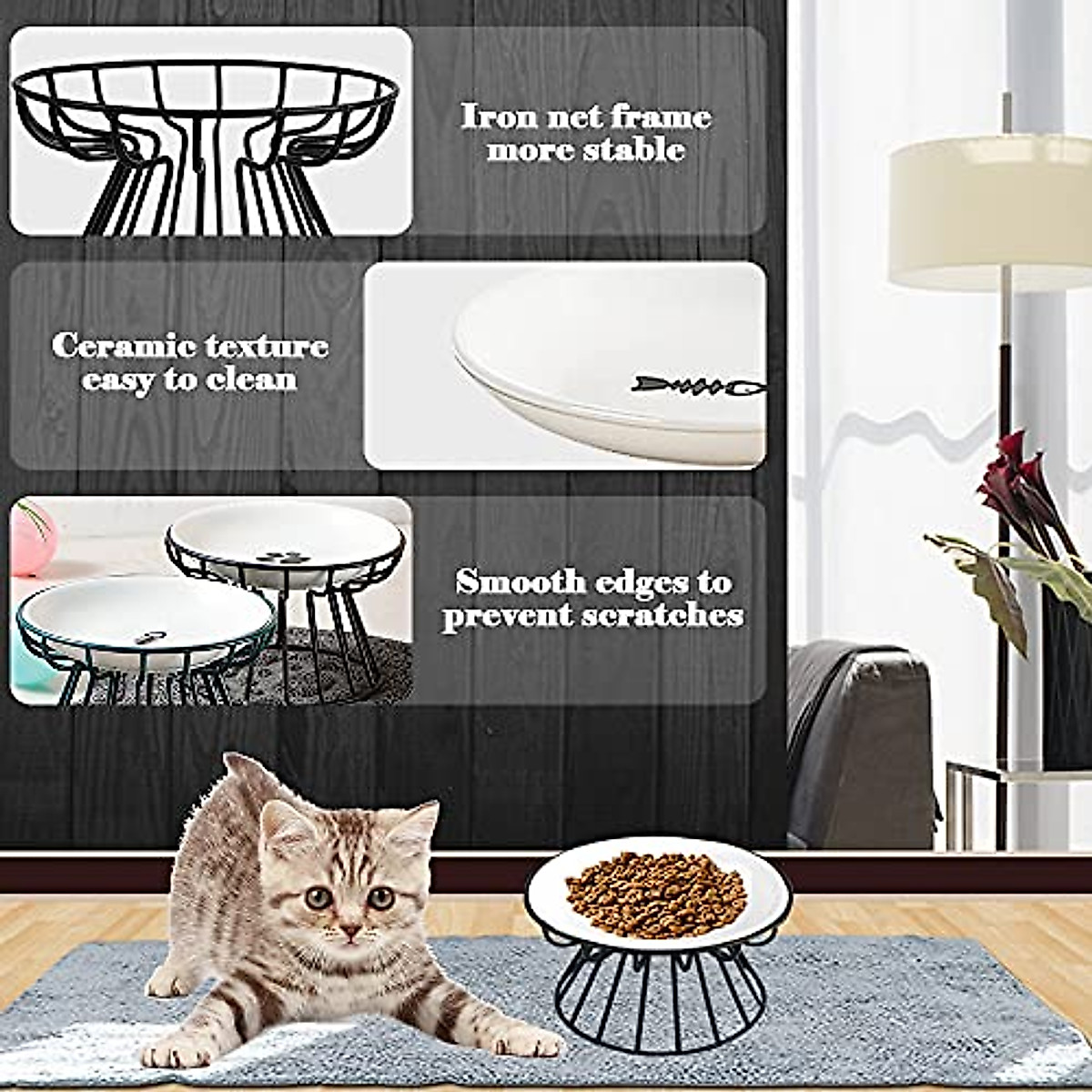 Wellbro Cat Bowls, Elevated Cat Bowl, Raised Ceramic Cat Dish with Metal Stand, Pet Water or Food Feeding Station for Indoor Cats, Kitten, Puppies and Small Dogs, Dishwasher Safe