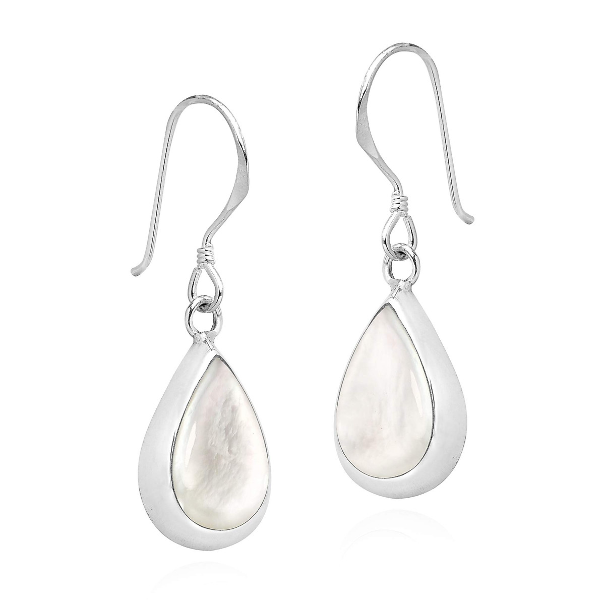 AeraVida Elegant Teardrop White Mother of Pearl Inlay Sterling Silver Dangle Earrings