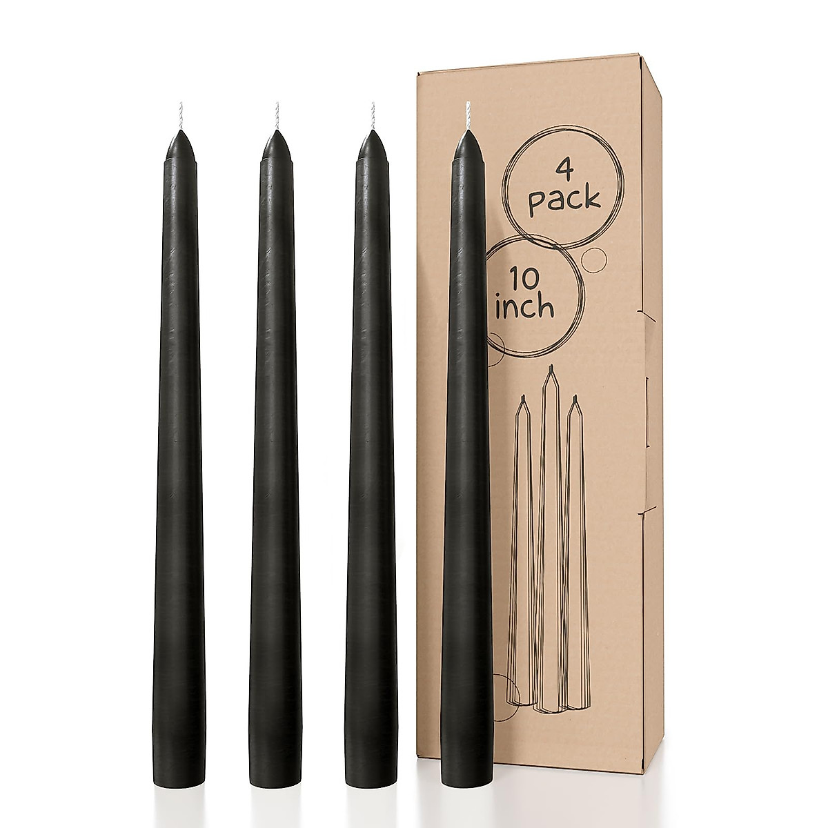 CANDWAX 10 inch Taper Candles Set of 4 - Tall Candles Unscented - Black Candles Tapered Candle Sticks Perfect as Household Candles or Dinner Candles - Coal Black Candles
