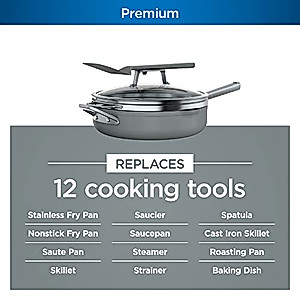 Ninja CW102GY Foodi NeverStick PossiblePan, Premium Set with 4-Quart Capacity Pan, Steamer/Strainer Basket, Glass Lid & Integrated Spatula, Nonstick, Durable & Oven Safe to 500°F, Sea Salt Grey