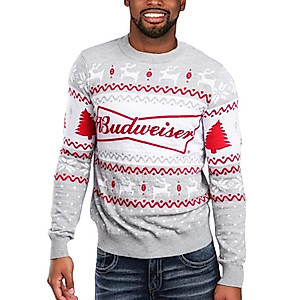 Tipsy Elves x Budweiser Funny Ugly Holiday Sweaters for Men - Grey Fair Isle Budweiser Pullover Size Small