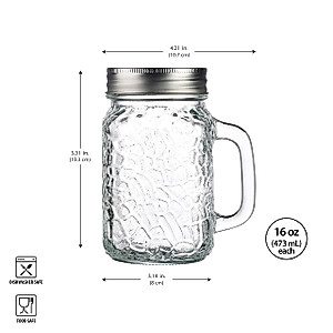 Glaver's Mason Jar Cups 16Oz – Set of 4 Mason Jars with Lids and Handles – Hammered Style Large Mason Cups for Parties, Dinner, Home, Lemonade, Smoothies, Cocktails, Drinks - Dishwasher Safe.