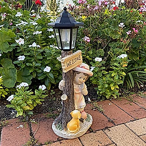 ALOAK Girl Garden Statue with Solar Lights and Welcome Sign 20 Inch, Girl Statue for Home Garden Lawn Patio Décor