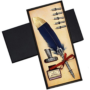 Quill Pen, Handmade Quill Feather Pen Set Antique Calligraphy Writing Quill Pen with Ink, Feather Pen with Ink and Steel Tips Calligraphy Set Quill Pen,6 Replacement Nibs/Contains ink（Navy Blue）1