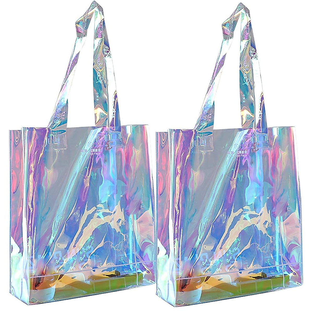 umbresen Clear Tote Bag, 2-Pack Holographic Rainbow Iridescent Handbag for Sports Fan Games, Work, Security Travel, Stadium Venues or Concert