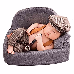 Baby Photography Props Newborn Boy Photo Shoot Outfits Infant Gentleman Suit Lattice Outfit Hats (Coffee)