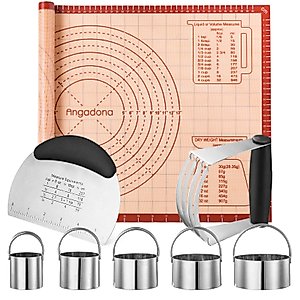 Pastry Mat Cutter Dough Blender Set - No-stick Large Silicone Baking Mat with Measurements,Dough Cutter Bench Scraper,Biscuit Cutter,Dough Rolling Fondant Mat,Pie Crust Kneading Mat,Baking Dough Tools