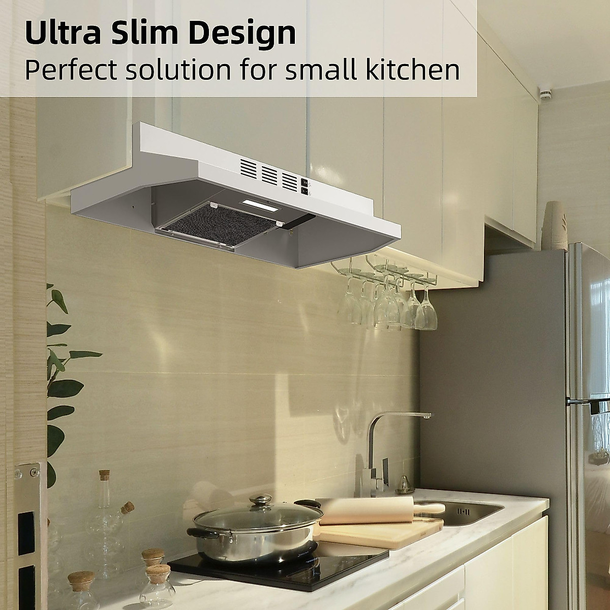 SNDOAS 30 inch Under Cabinet Range Hood, Ducted/Ductless Convertible Kitchen Hood, Stainless Steel Vent Hood with LED Light,Under Cabinet Hood with 2 Speed Exhaust Fan,White