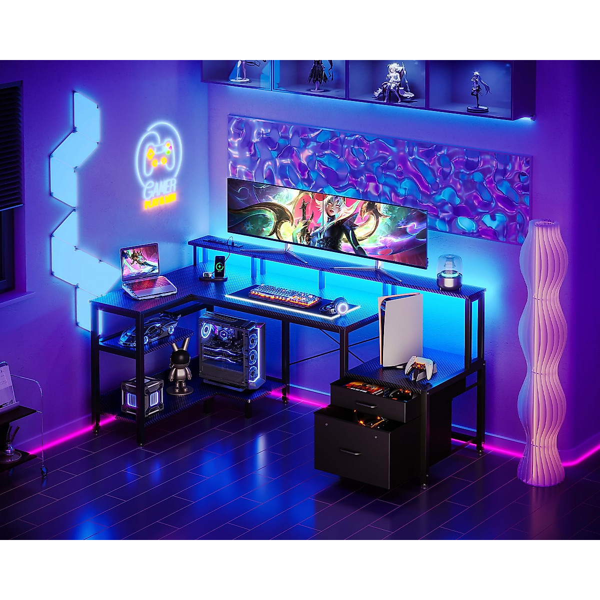 AODK 57 Inch L Shaped Gaming Computer Desk with USB Charging Ports & Power Outlets, Home Office Writing Corner Desk with Drawers and Monitor Stand, Study Table with LED Lighting, Carbon Black