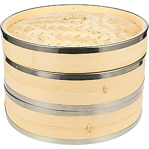 Juvale 2-Tier 10 Inch Bamboo Steamer Basket with Steel Rings - Large Capacity Dumpling, Vegetable Steamer Basket (10x6.5x10 in)
