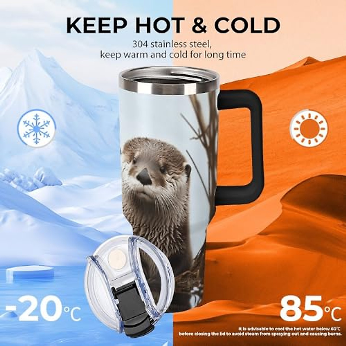 LLUTSNTH 40 Oz Vacuum Tumbler with Black Handle Leakproof Insulated Tumbler Cute Otter Stainless Steel Travel Mug with Lid And Straw Coffee Cup Cute Water Bottles Cup Holder Friendly