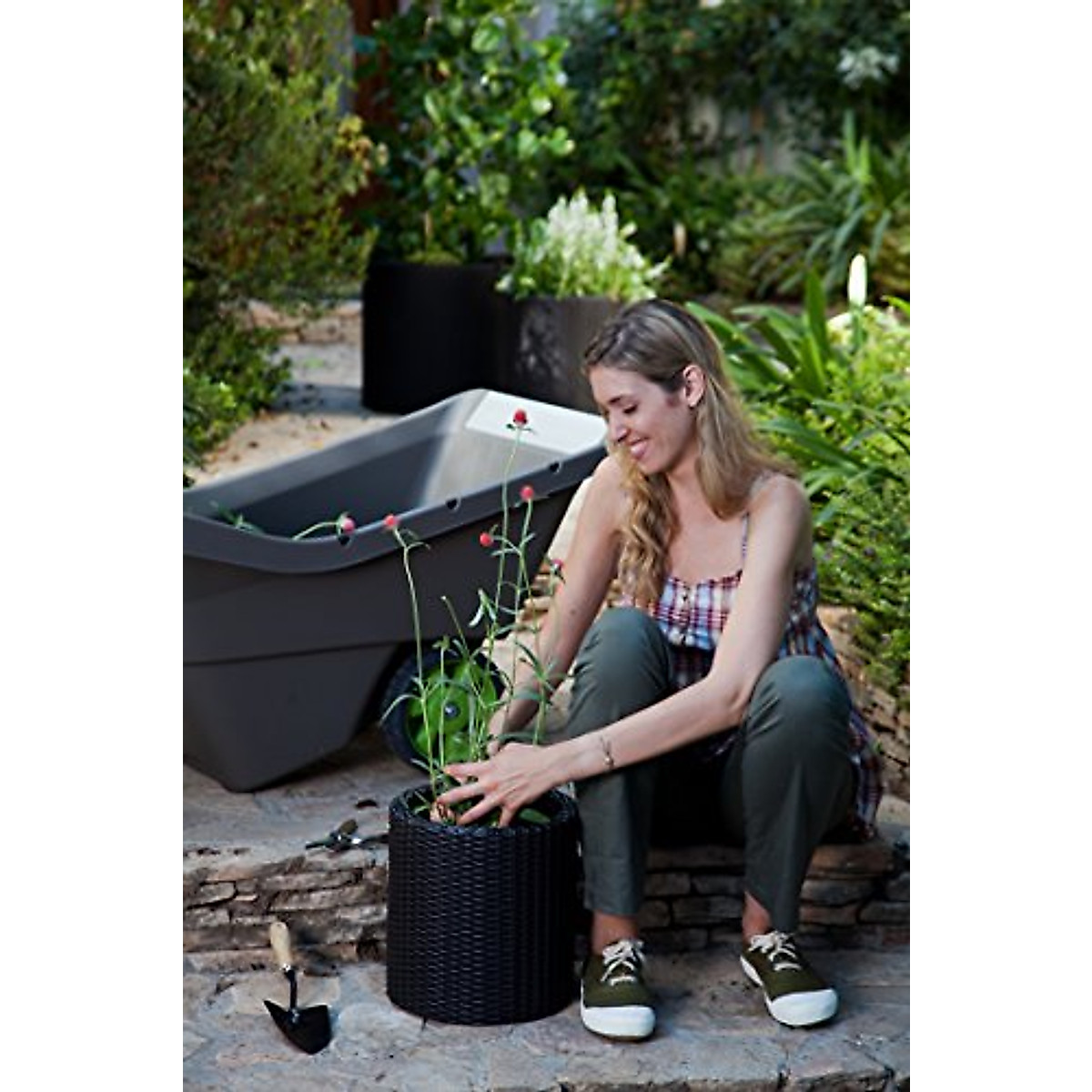 Keter Resin Wicker Cylinder Flower Pot Set of 3 Small, Medium, and Large Planters with Drainage Plugs for Outdoor or Indoor Plants, Charcoal Grey