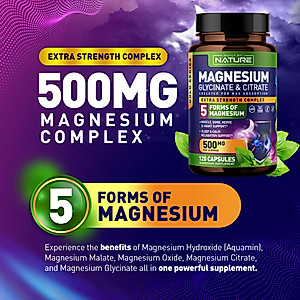 Magnesium Complex 500mg - 5 Forms of Magnesium Glycinate, Citrate, Malate, Oxide & Aquamin with 72 Trace Minerals - Chelated for Absorption - Supplement for Muscle, Nerve, Heart & Sleep (120 Capsules)